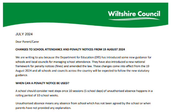 Wyndham Park Infants School - Wiltshire Council Attendance Letter